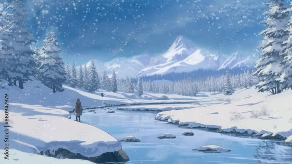 Beautiful fantasy winter landscape animation background and snowfall ...