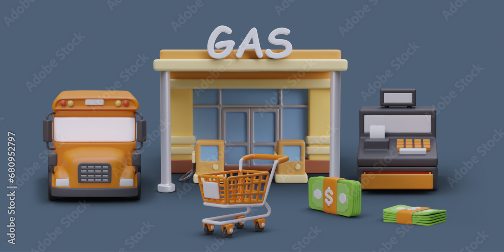 Gas station with text sign. Vector building, bus, shopping cart, cash ...