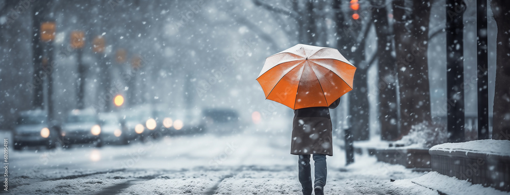 Cute girl walking on cold day in winter through a road with an umbrella ...