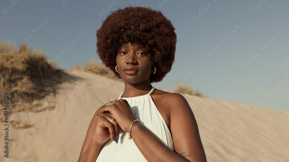 A stunning African woman with afro hair, a fashion model, stands ...