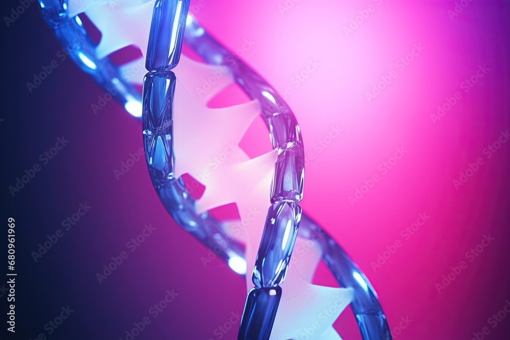 pair of intertwined DNA strands, one colored pink and the other blue ...
