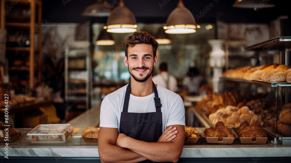 Young man baker in bakery shop looking at camera and smiling. Happy ...
