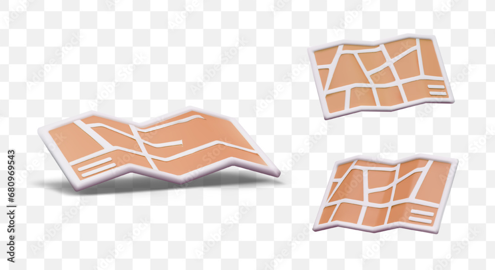 Realistic brown map with street markings. Set of vector folded paper ...