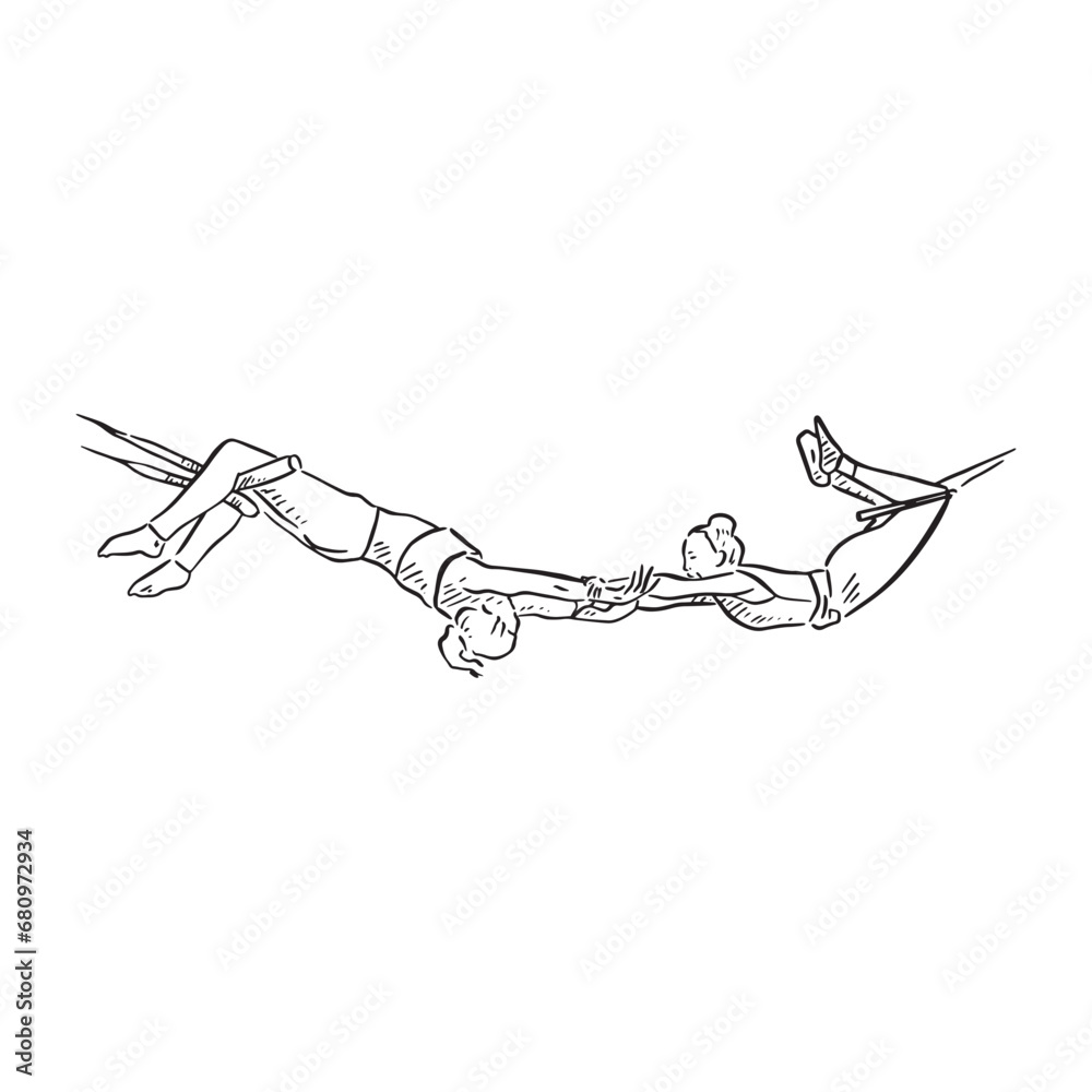 Line drawn acrobats flying through the air. Hand drawn line art ...