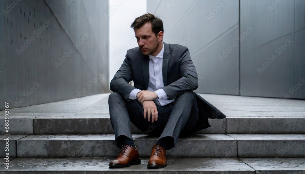 Sad depressed business man sitting on the steps on the street with head ...