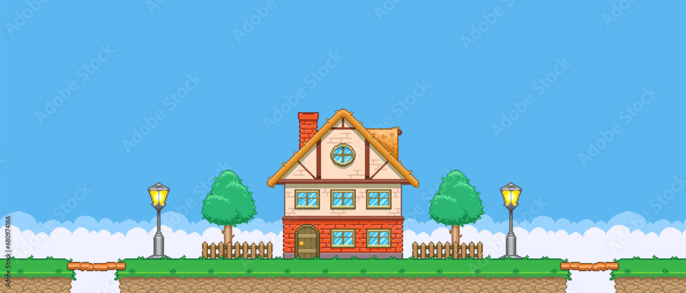 8bit colorful simple vector pixel art horizontal illustration of ...