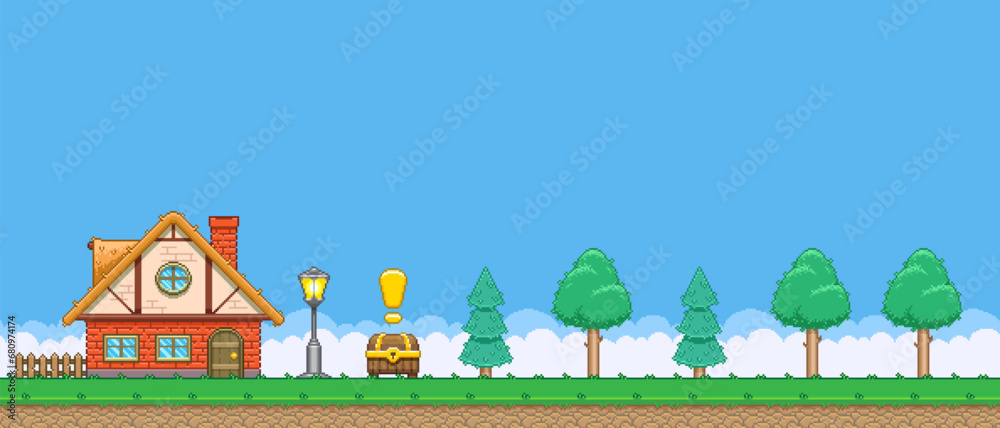 8bit colorful simple vector pixel art horizontal illustration of ...