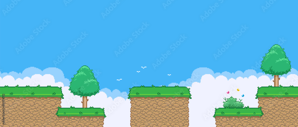 8bit colorful simple vector pixel art horizontal illustration of ...