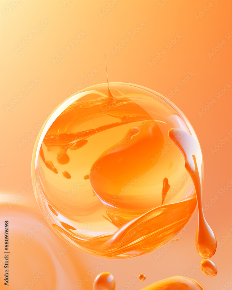 Vibrant orange liquid sphere suspended mid-air with dynamic droplets ...