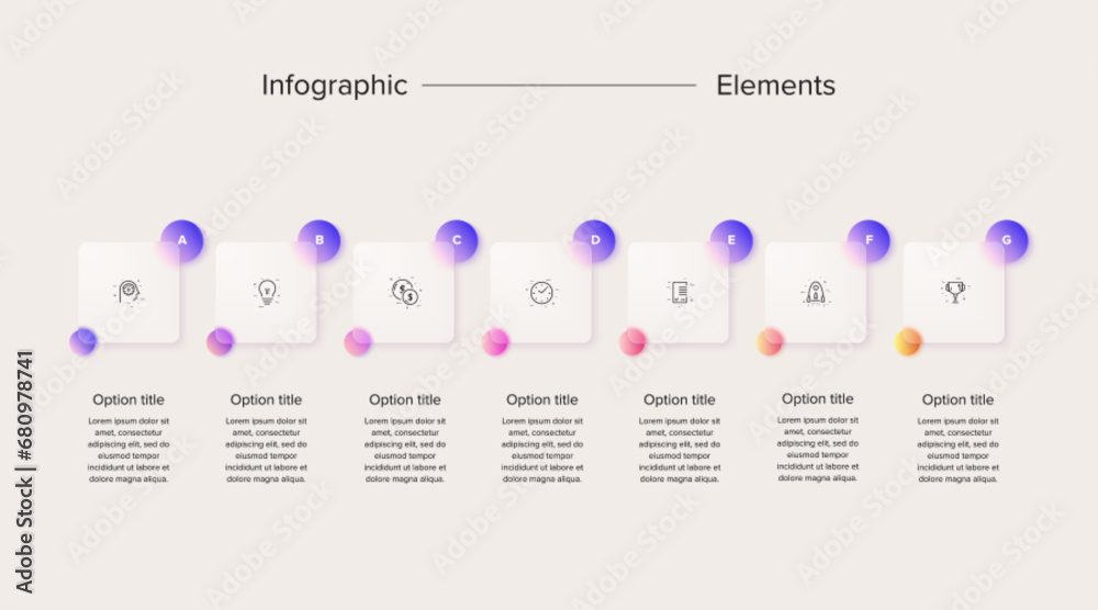 Business process chart infographics with 7 step squares. Rectangular ...