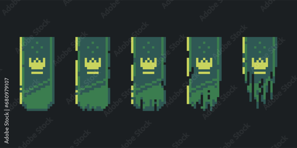 Pixel flags game stages. Retro medieval banners, old school 8 bit video ...