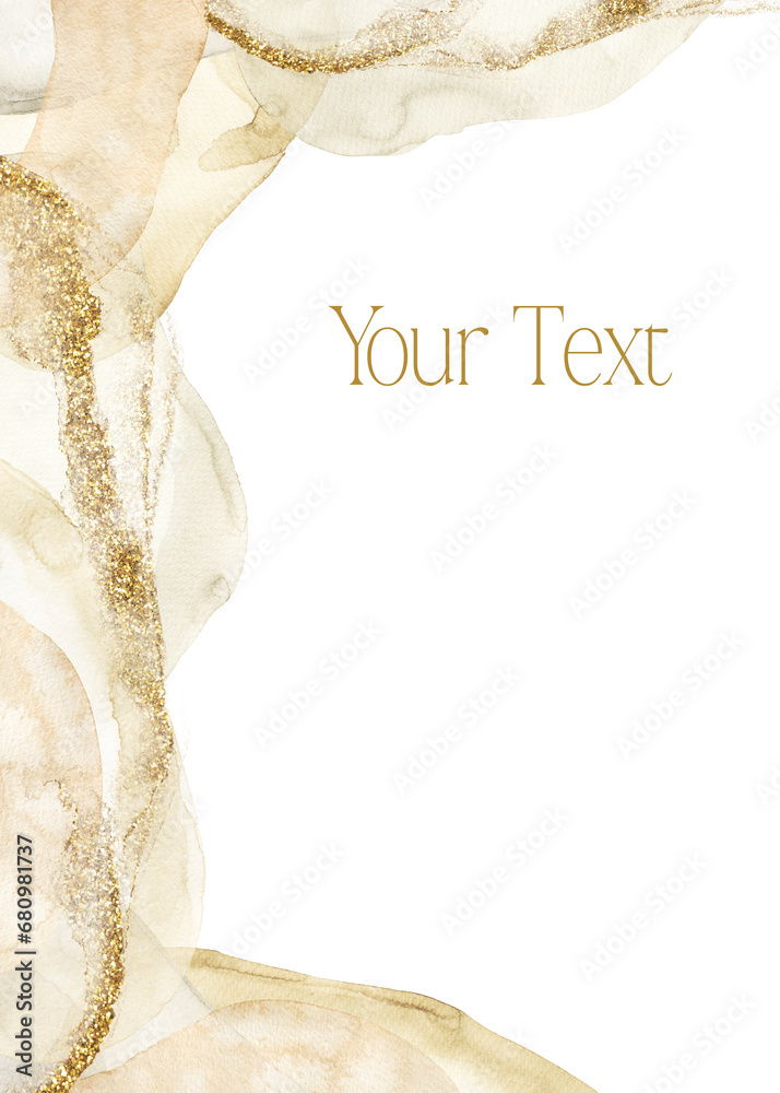 Watercolor card template with abstract beige shapes, gold glitter and ...