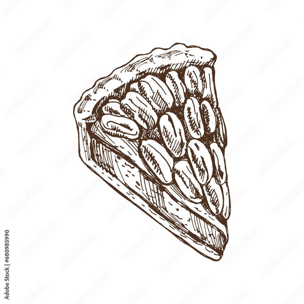 Hand-drawn sketch of piece of pecan pie with cream topping. Vector ...