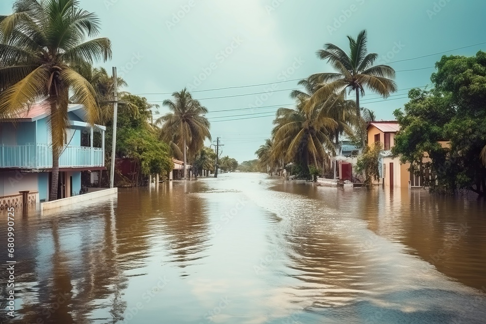 Flooded tropical rainfall island streets. Inundated town center with ...