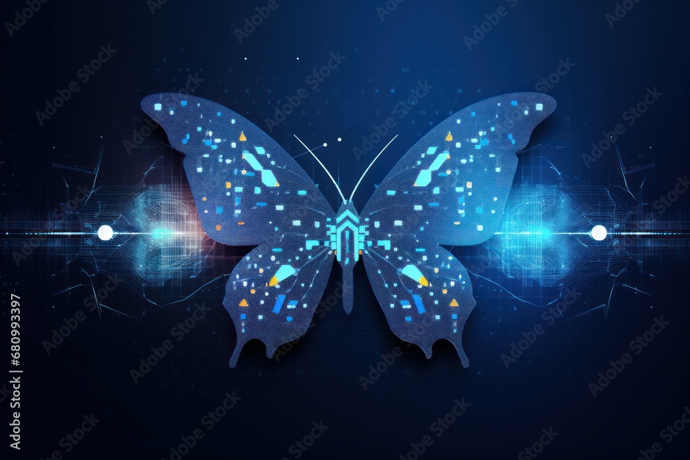Digital butterfly in a futuristic polygonal style on a blue background ...