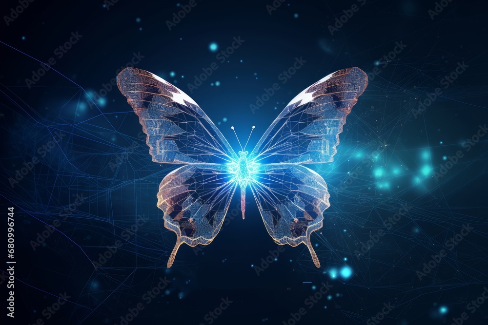 Butterfly in a digital futuristic style on background world map. The ...