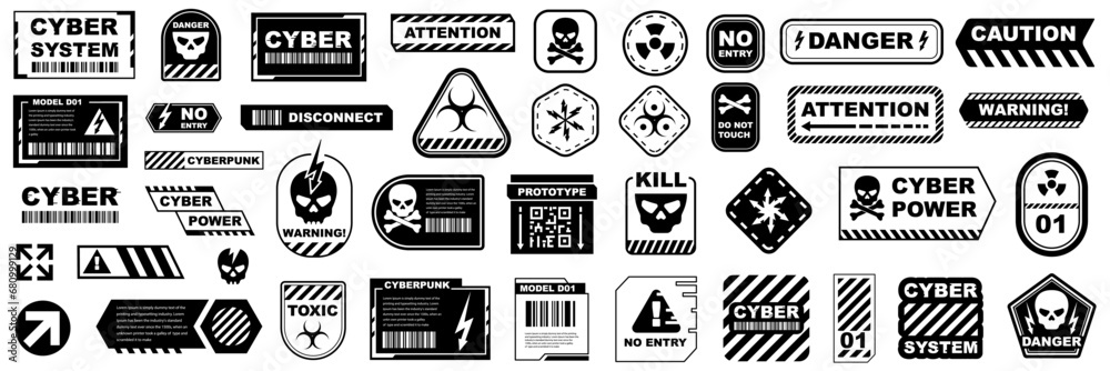 Vetor de Cyberpunk stickers. Danger warning label, futuristic warning ...