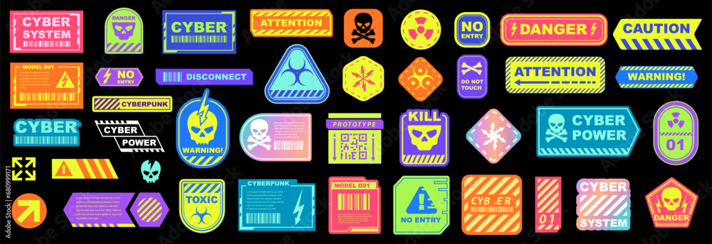 Cyberpunk stickers. Danger warning label, futuristic warning sign ...