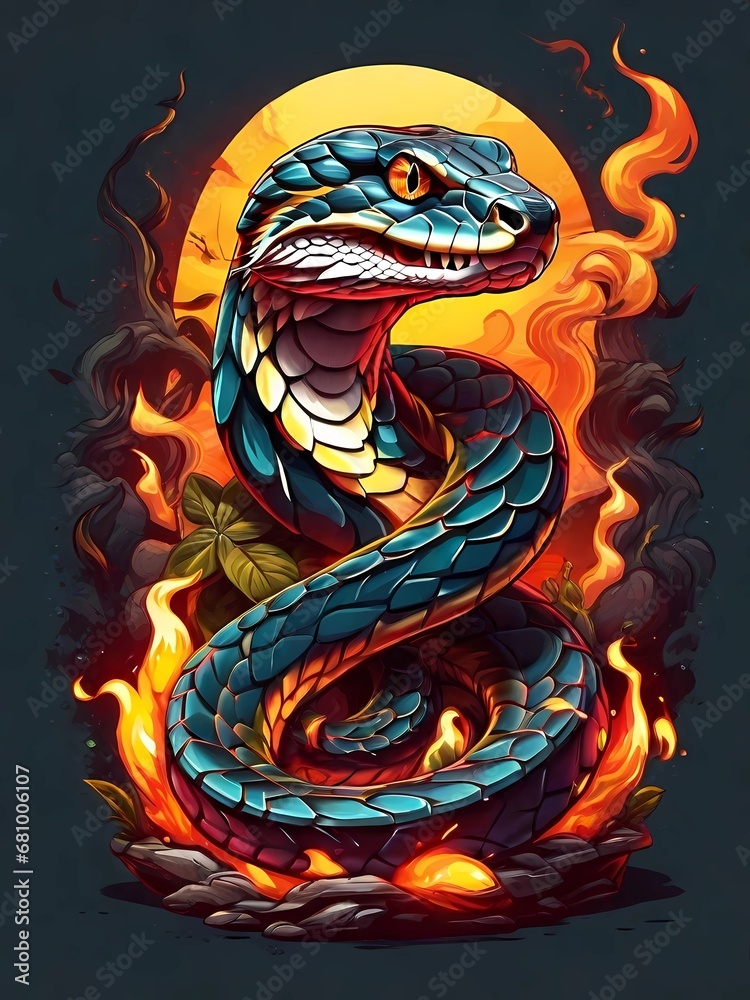 snake with fire effect, highly detailed, t-shirt design, detailed ...