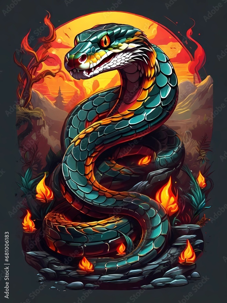 snake with fire effect, highly detailed, t-shirt design, detailed ...