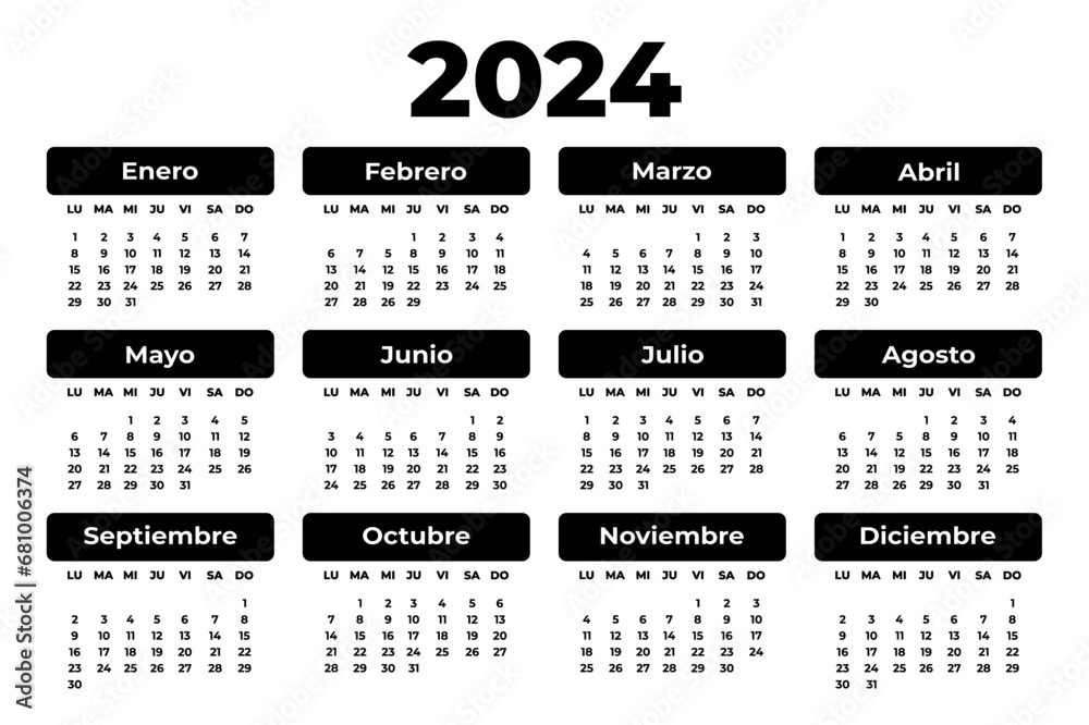 Spanish horizontal calendar for 2024 year. White background. Isolated ...