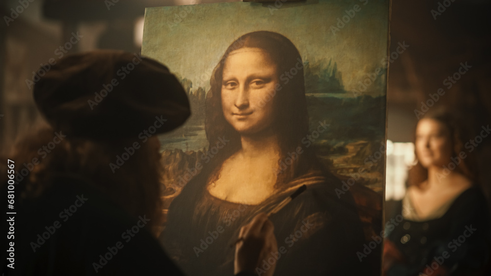 Close Up on The Painting of the Mona Lisa Being Created by Leonardo da Vinci in his Workshop ...