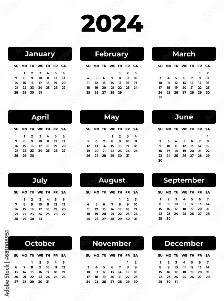 Vertical bold calendar for 2024 year. White background. Isolated vector ...