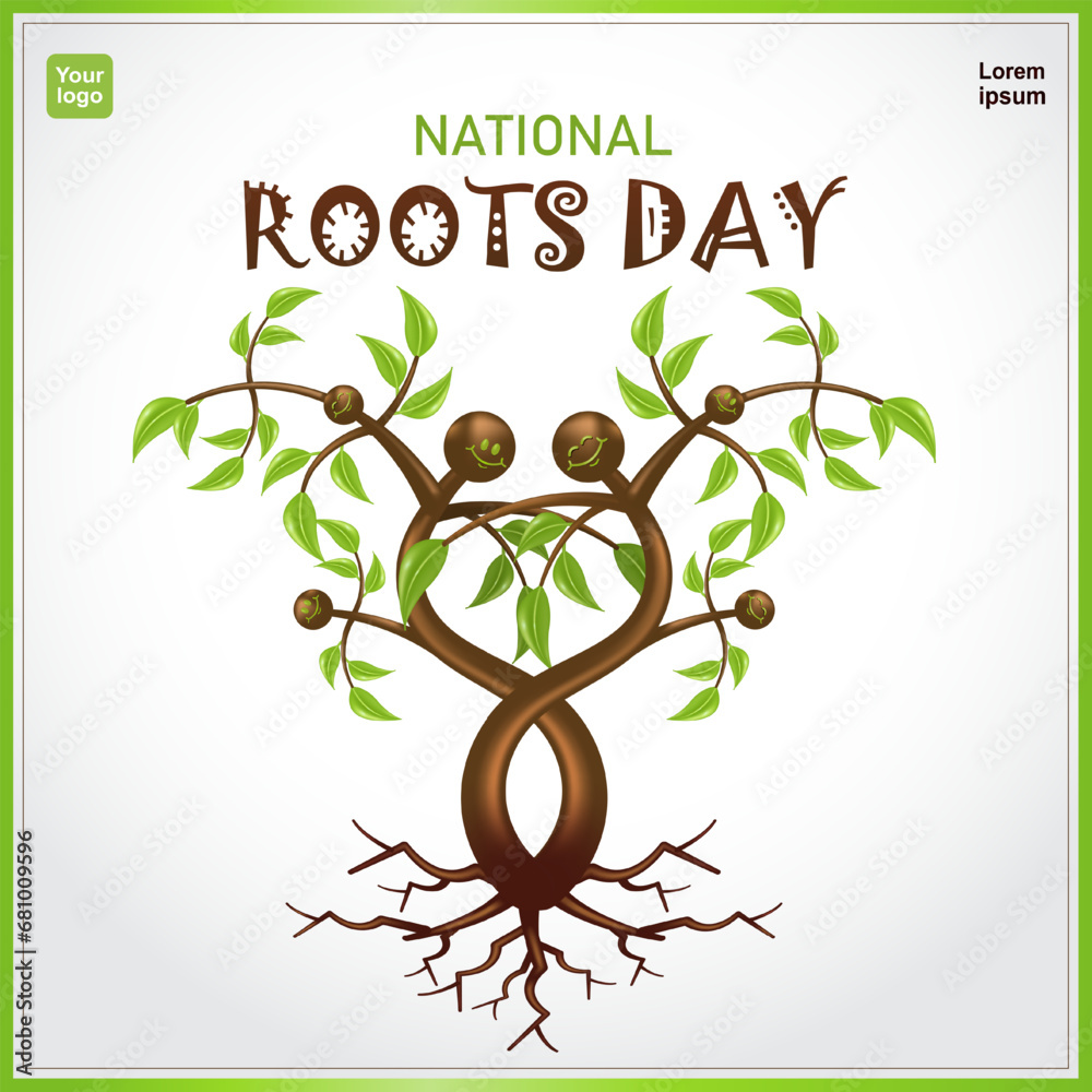 National Roots Day. A pair of trees with roots and branches, with smile ...