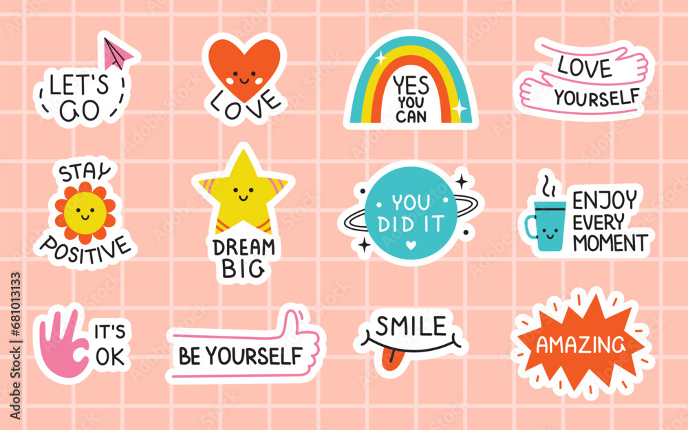 Vector motivational sticker pack. Cute sticker set with positive ...