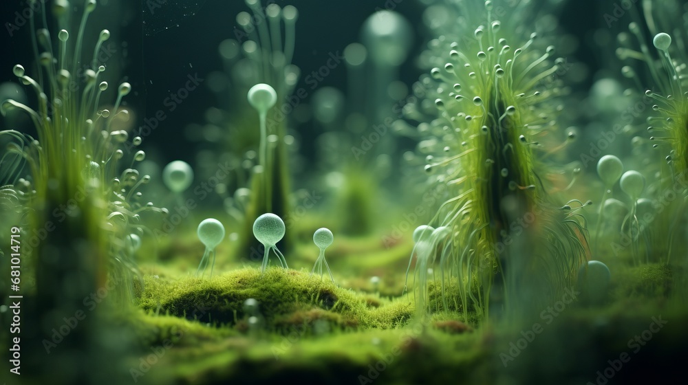 tiny civilization of beings made out of tiny grass molecules, macro ...