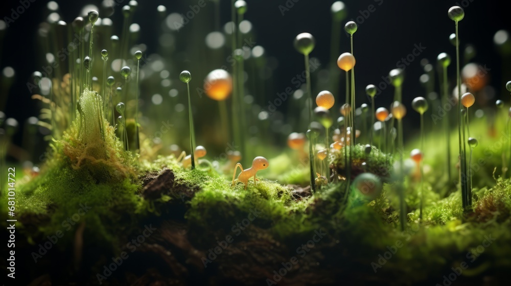 tiny civilization of beings made out of tiny grass molecules, macro ...