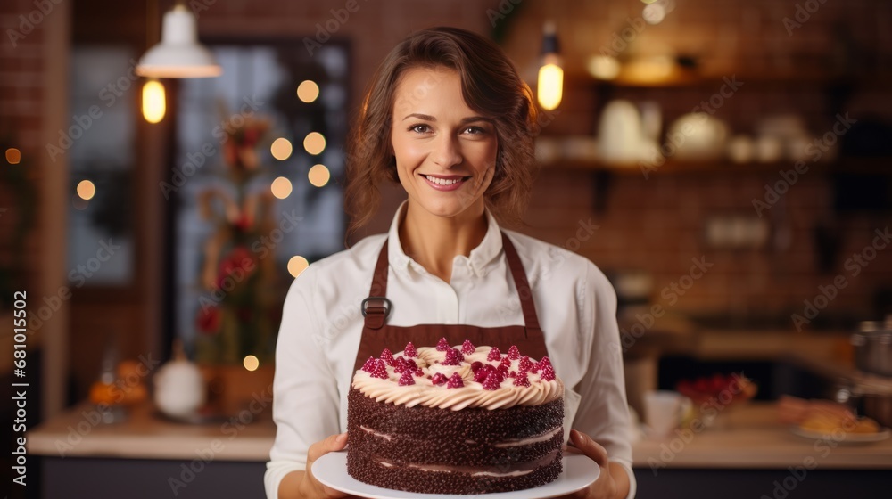 A professional female pastry chef holds a cake and smiles. Cozy kitchen ...