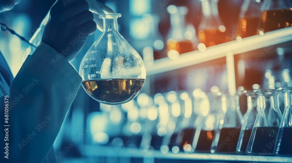 Scientist holding flask with lab glassware in chemical laboratory ...