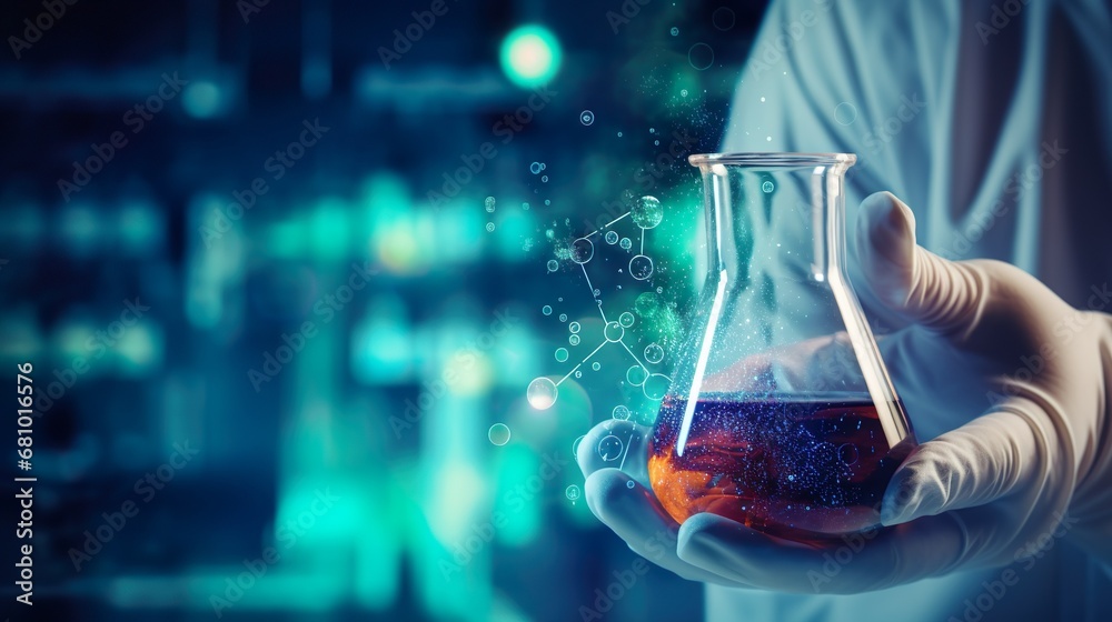 Scientist holding flask with lab glassware in chemical laboratory ...