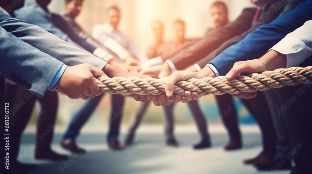 Tug war competition with rope. Hands pulling rope together, teamwork ...
