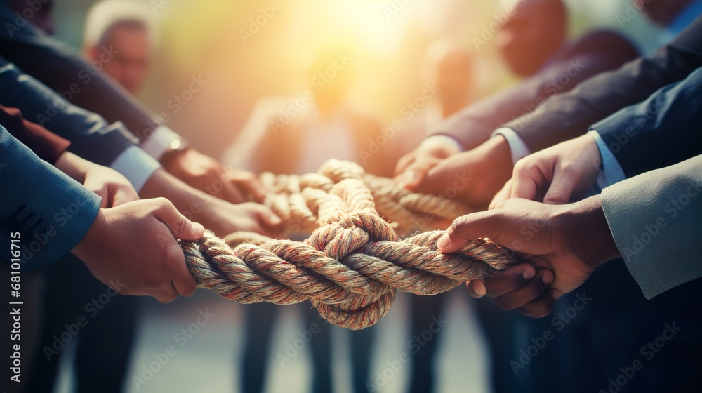 Tug war competition with rope. Hands pulling rope together, teamwork ...