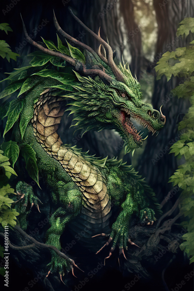 Ancient green dragon covered with plants in the forest, chinese dragon ...