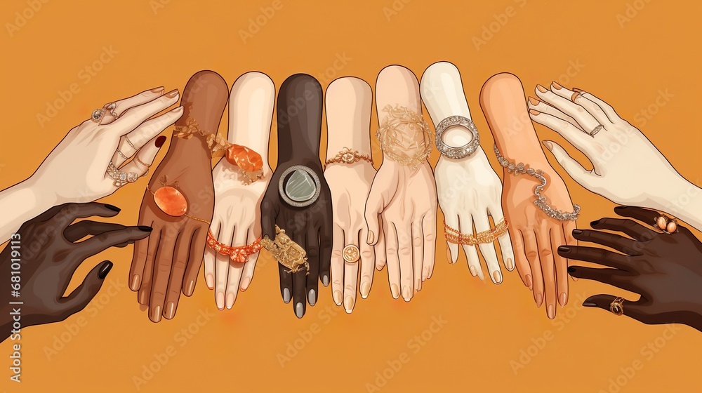 Female hands with victory sign, different skin colors, diversity ...
