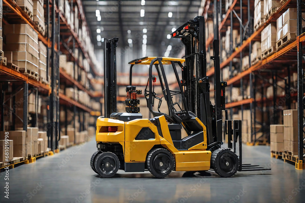 Forklift loader in warehouse. Warehouse interior. Industrial background ...