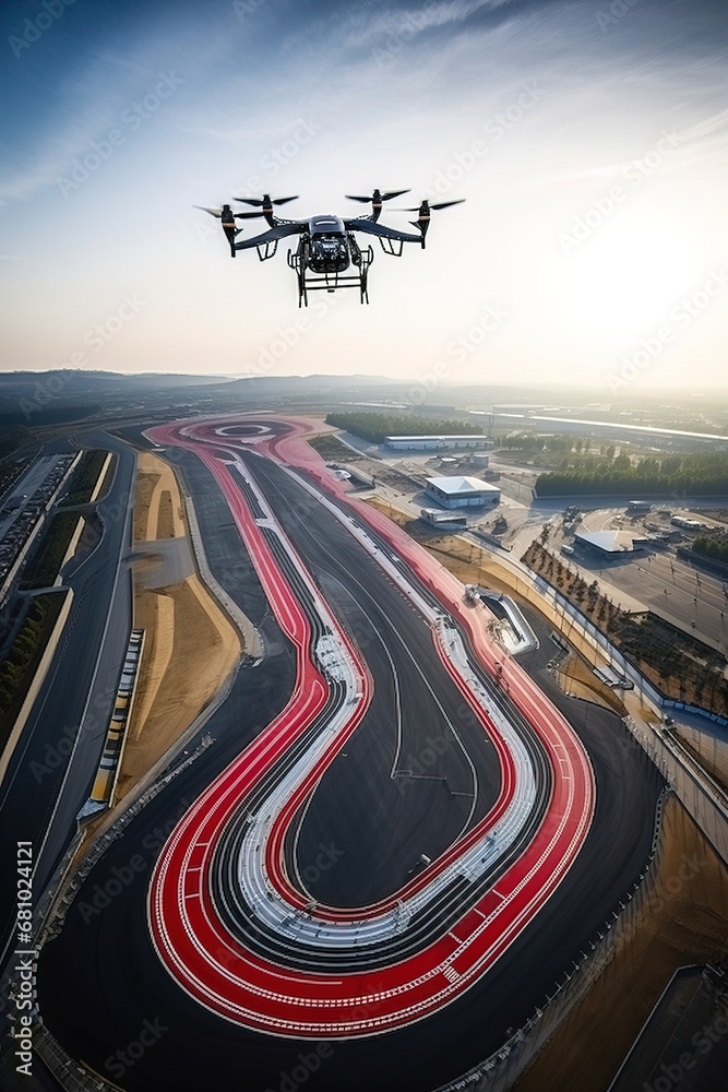 Generative AI illustration of drone flying above a modern Formula 1 ...
