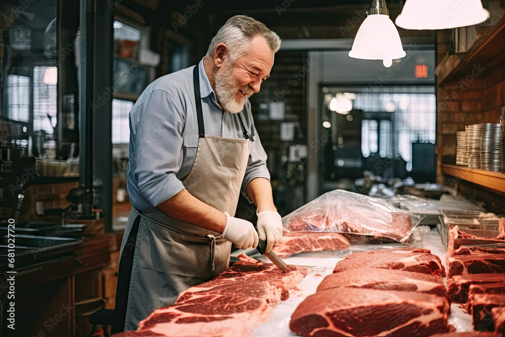 Butcher cutting meat in the butcher shop at the market background ...