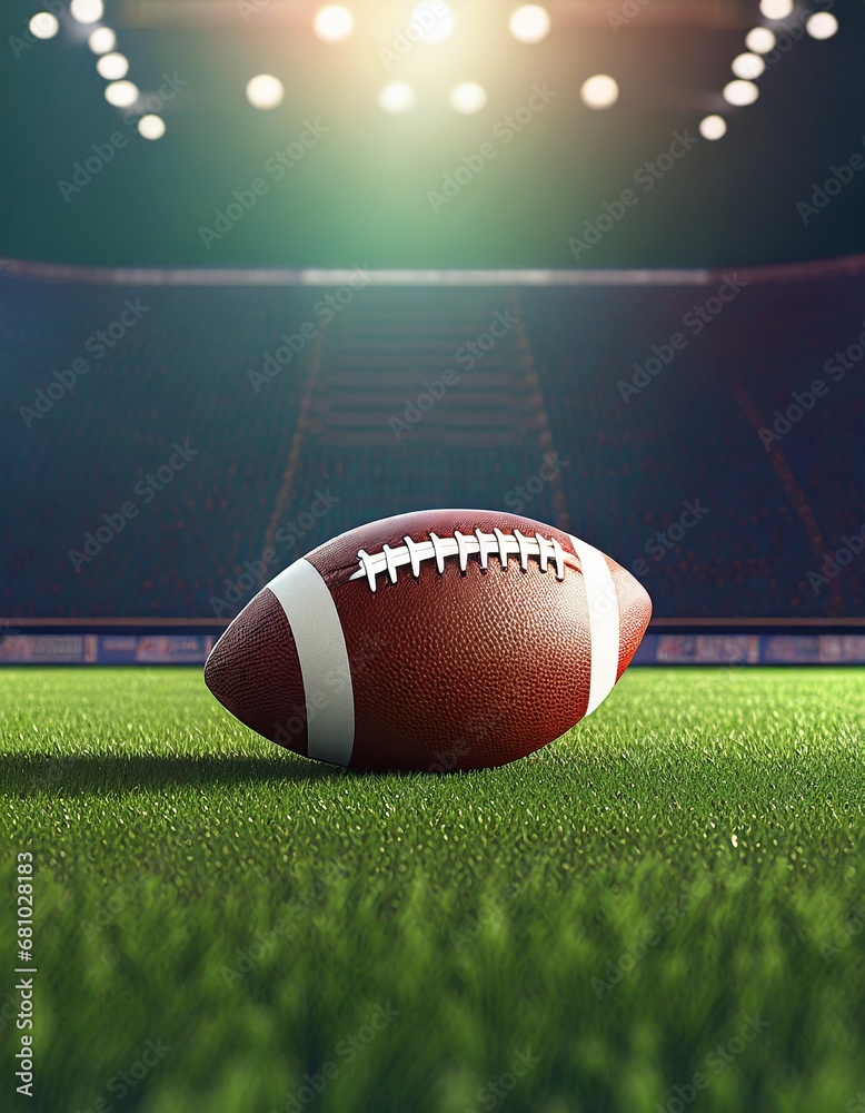 American football ball on a green grass stadium background; hyper ...
