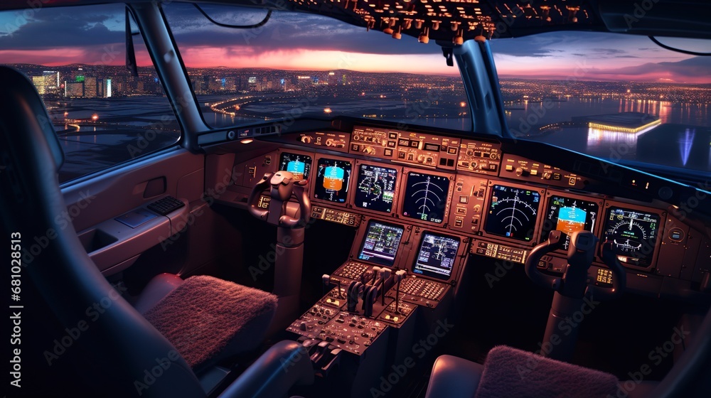 cockpit of a passenger plane airplane interior, pilot seat pilot ...
