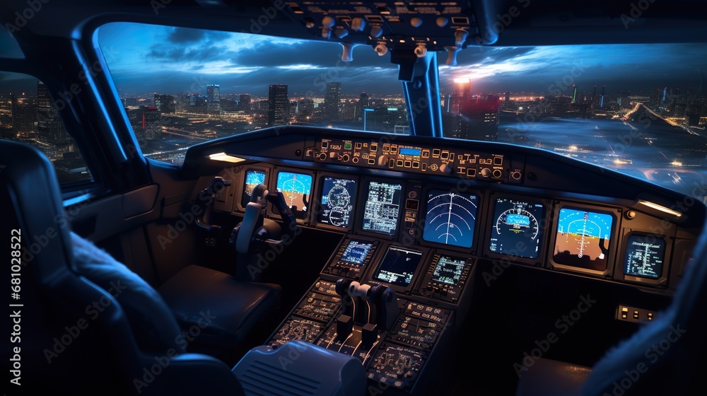 cockpit of a passenger plane airplane interior, pilot seat pilot ...