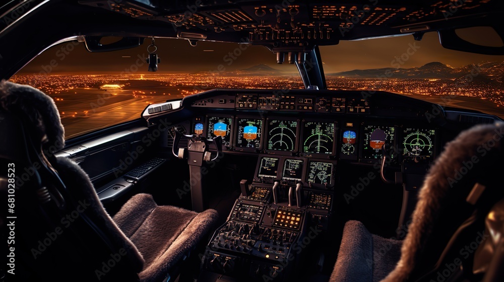 cockpit of a passenger plane airplane interior, pilot seat pilot ...