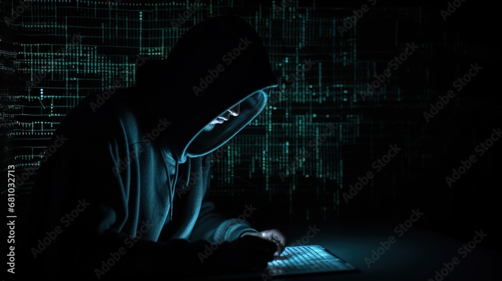 Computer hacker in hoodie with matrix code instead his face on blue digital background. Data ...