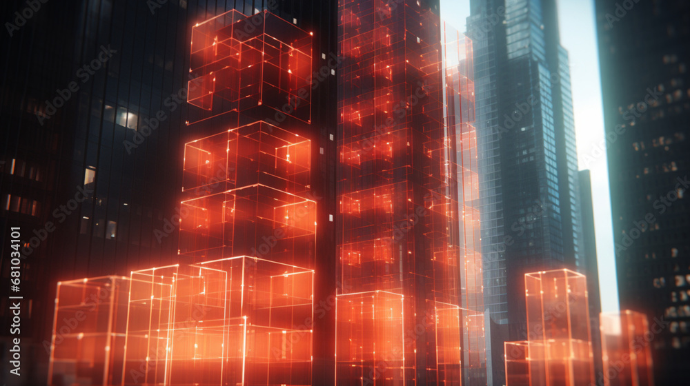 Immeubles, gratte-ciel en 3D, technologie. Lumières rouge et bleu. Fond ...