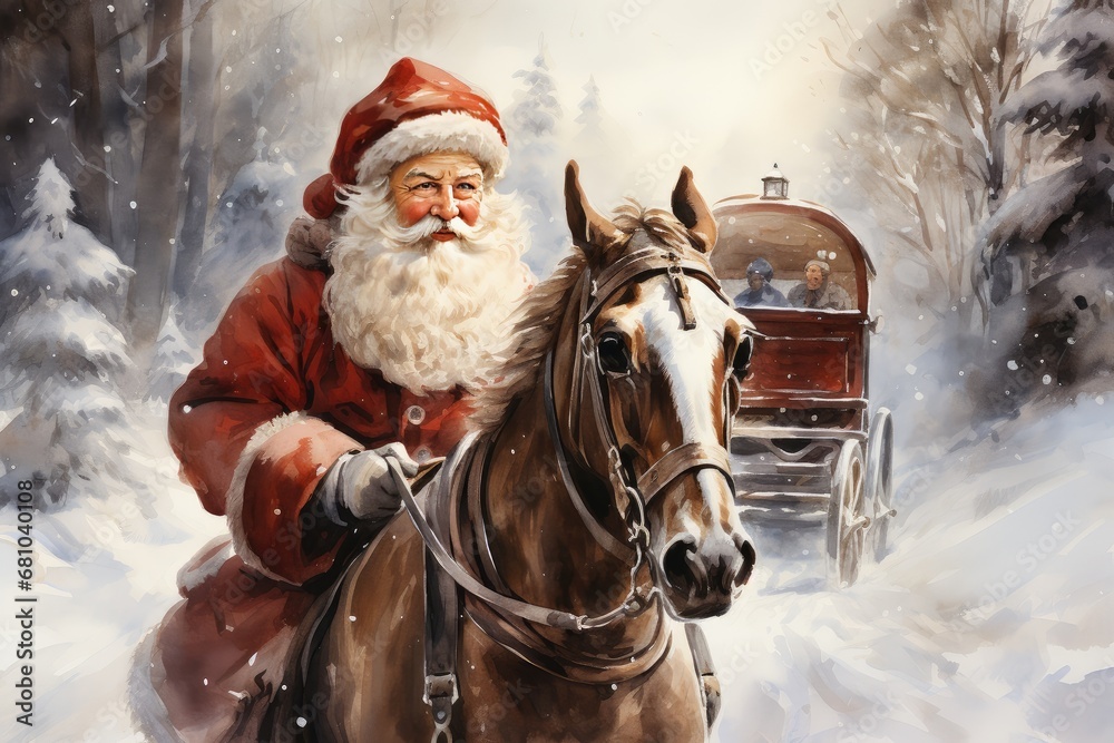 Santa Claus riding in sleigh and driving his harness of horses in the ...