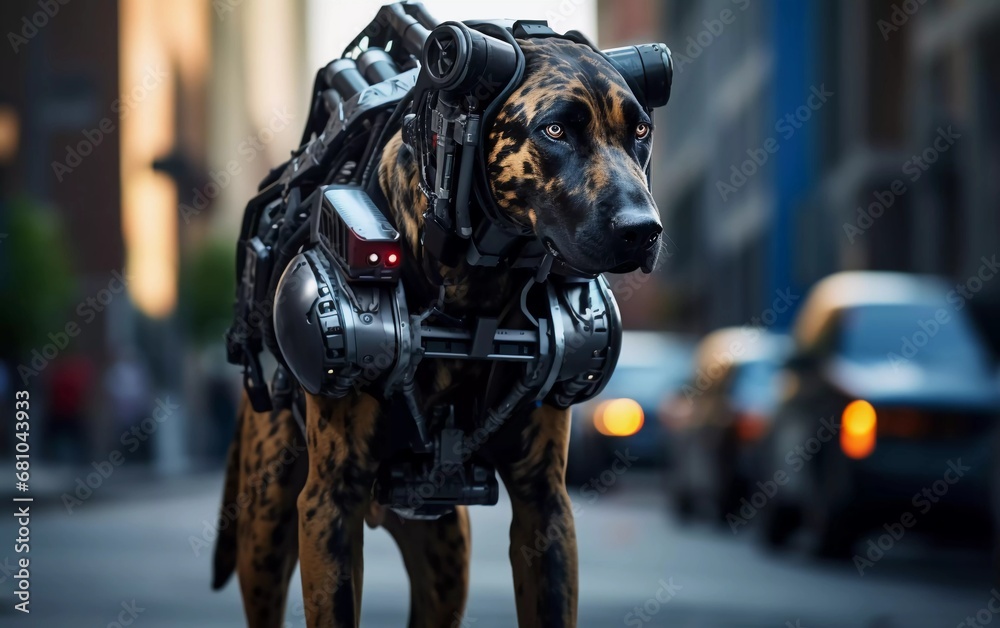Realistic photo of robot police dog in city, bloodhound robot ...
