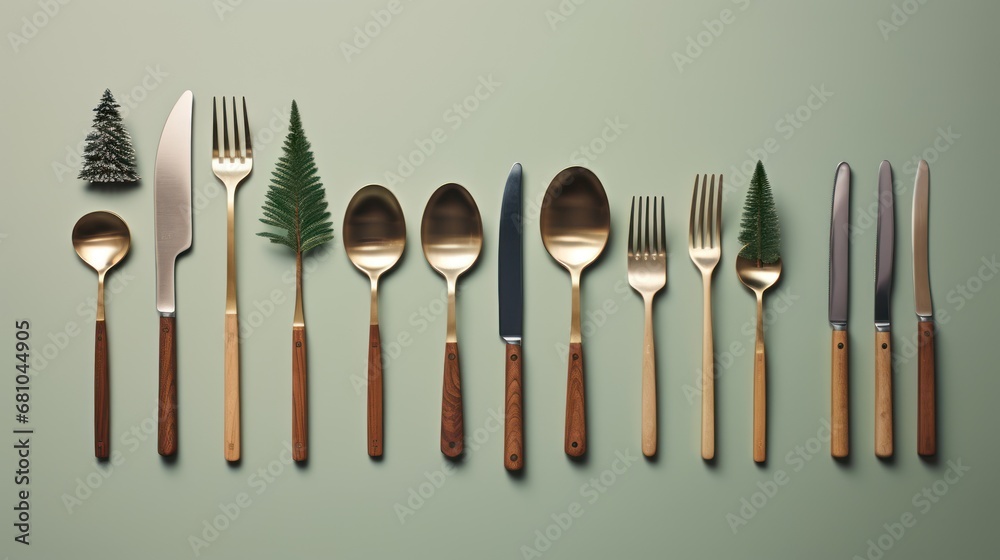 a group of forks, spoons, and knives lined up in a row with a pine tree ...